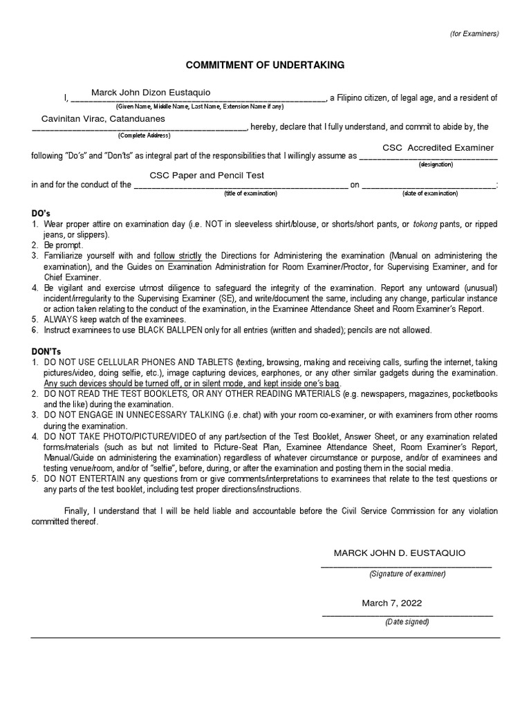 Commitment of Undertaking: Guidelines for Examiners Administering the ...