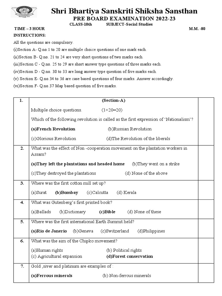 Pre Board 10th SST Set 2 | PDF | Economies