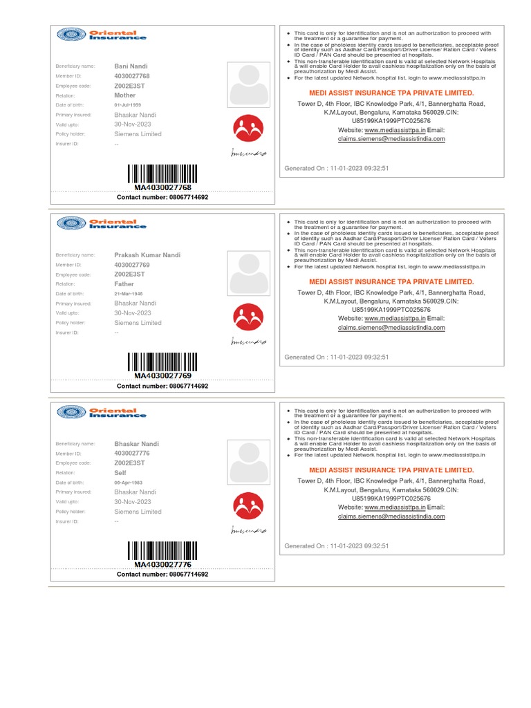 Medi Assist Insurance Cards for Bhaskar Nandi and Family | PDF ...