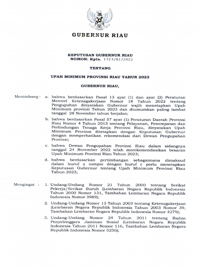 SK Ump Tahun 2022 Provinsi Riau 2023 | PDF