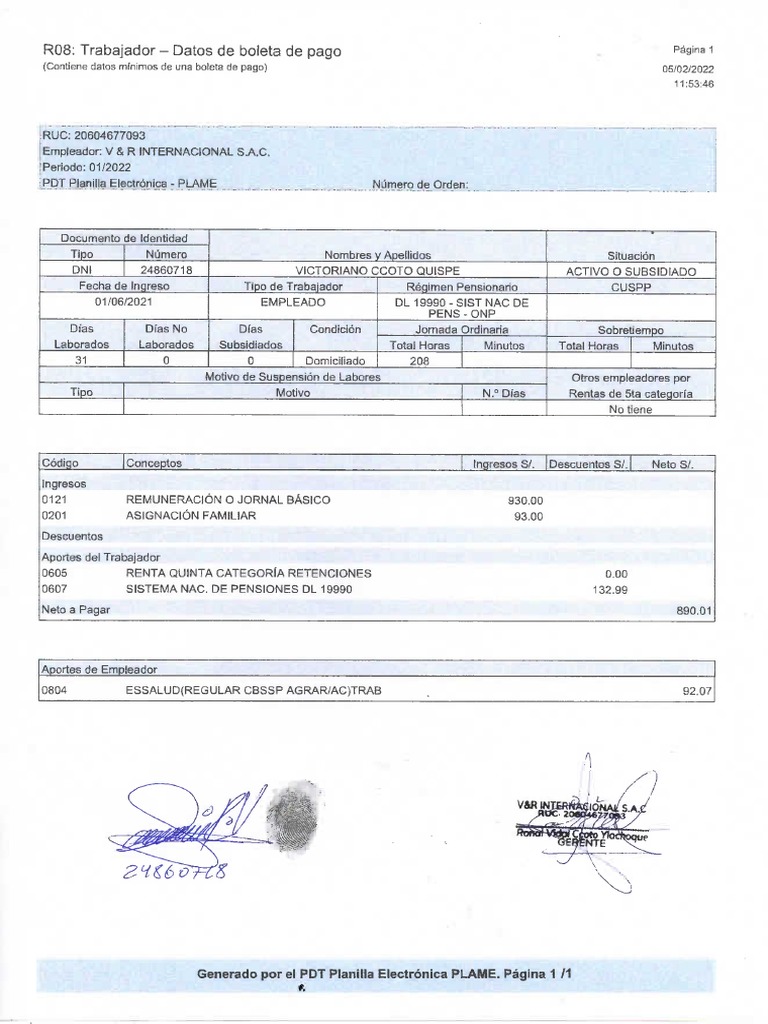ROS: Trabajador - Datos de Boleta de Pago - ' S' | PDF