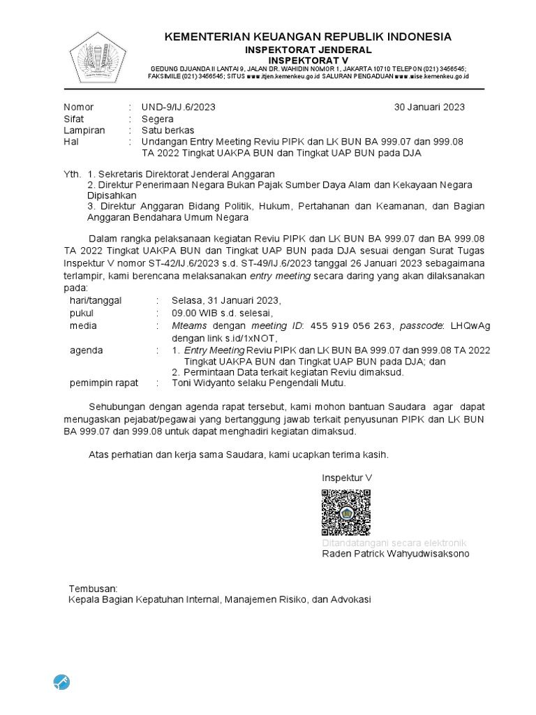 Undangan Entry Meeting Reviu PIPK Dan LK BUN BA 99907 Dan 99908 TA 2022 Tingkat UAKPA BUN Dan ...