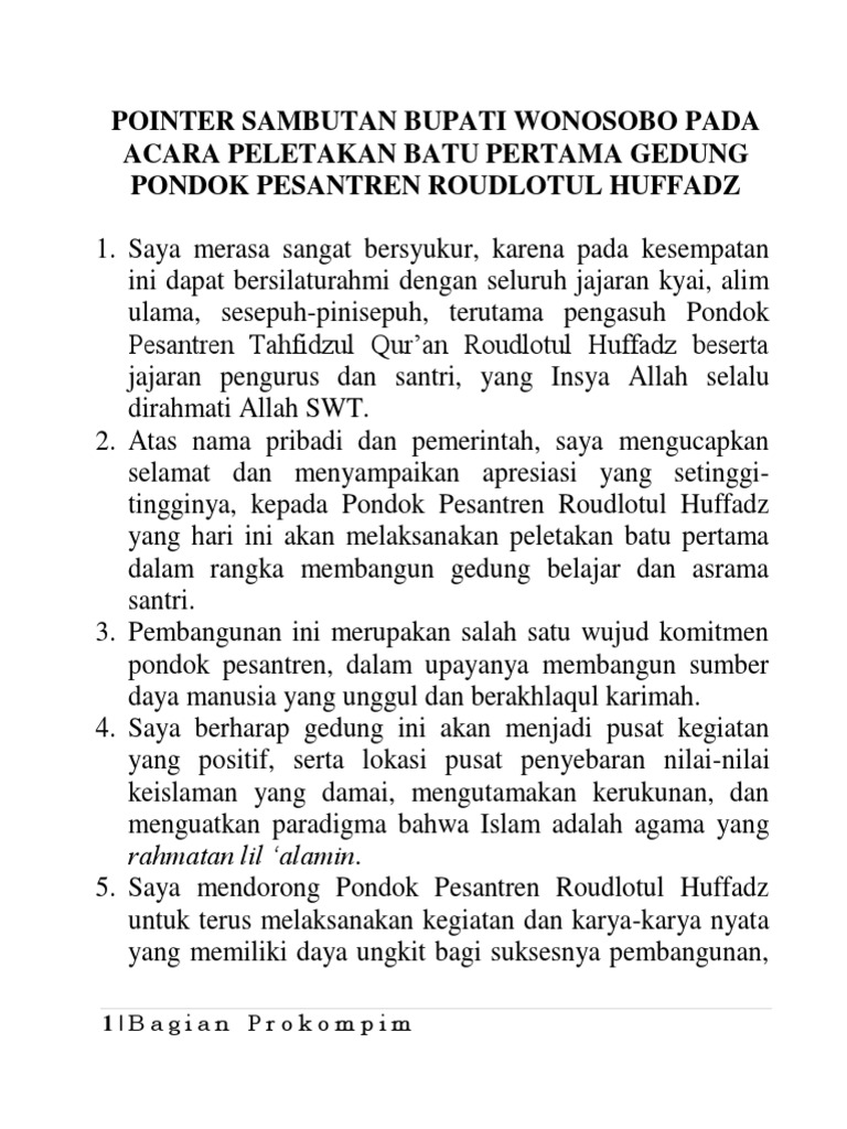20 Feb Sambutan Peletakan Batu Pertama Ponpes Roudlotul Huffadz | PDF 20 Feb Sambutan Peletakan Batu Pertama Ponpes Roudlotul Huffadz | PDF