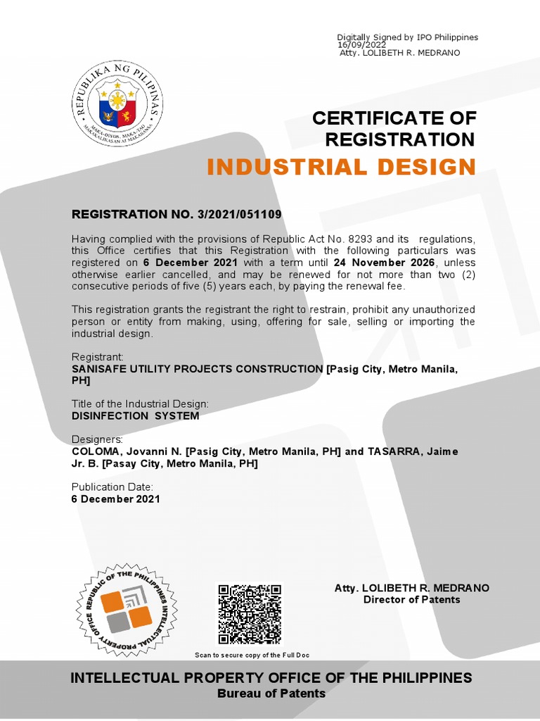 Industrial Design Registration Certificate | PDF | Glossary Of Patent ...