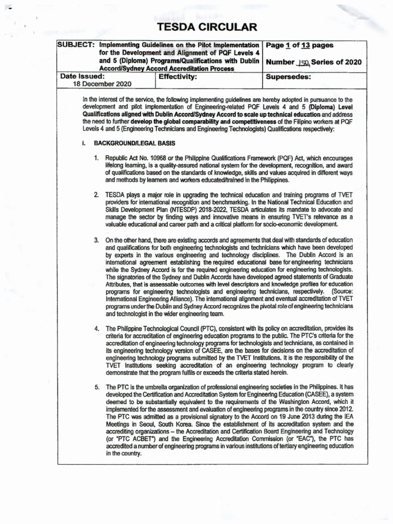 TESDA Guidelines for PQF Levels 4-5 Accreditation | PDF | Engineering ...