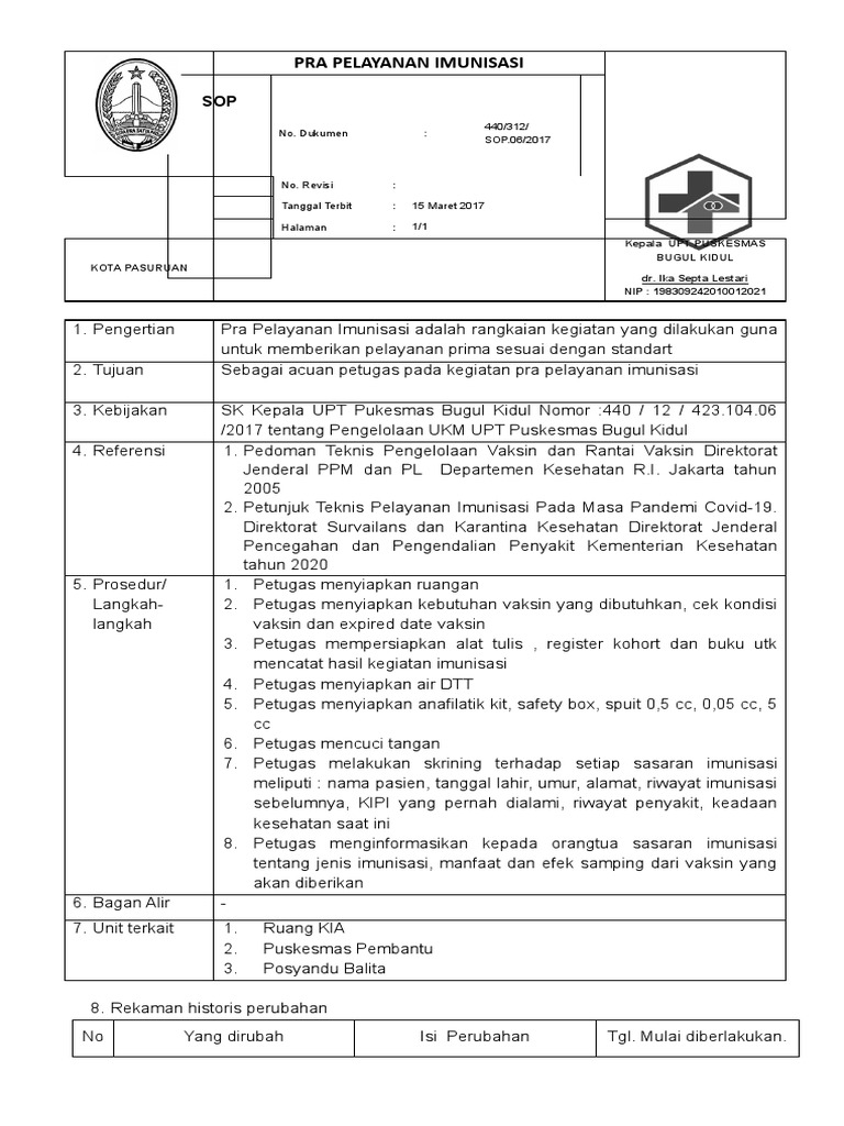 Sop Pra Pelayanan Imunisasi | PDF