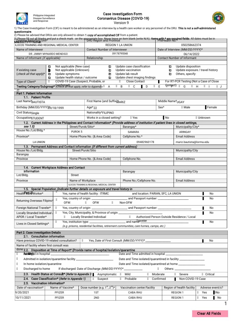 Covid 19 Cif Version 9 Sample Bautista | PDF | Respiratory Diseases ...