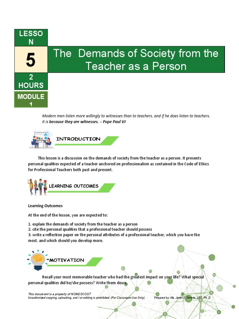 The Demands of Society From The Teacher As A Person: Lesso N | PDF ...