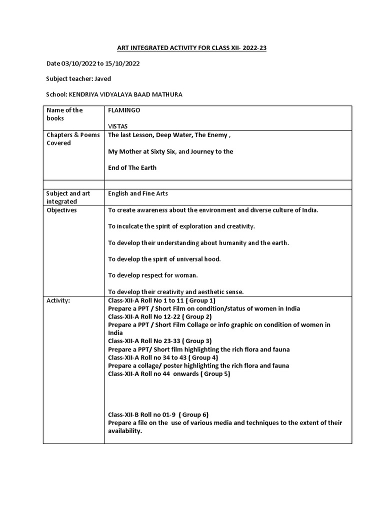 Art Integrated Project for Class XII | PDF | The Arts