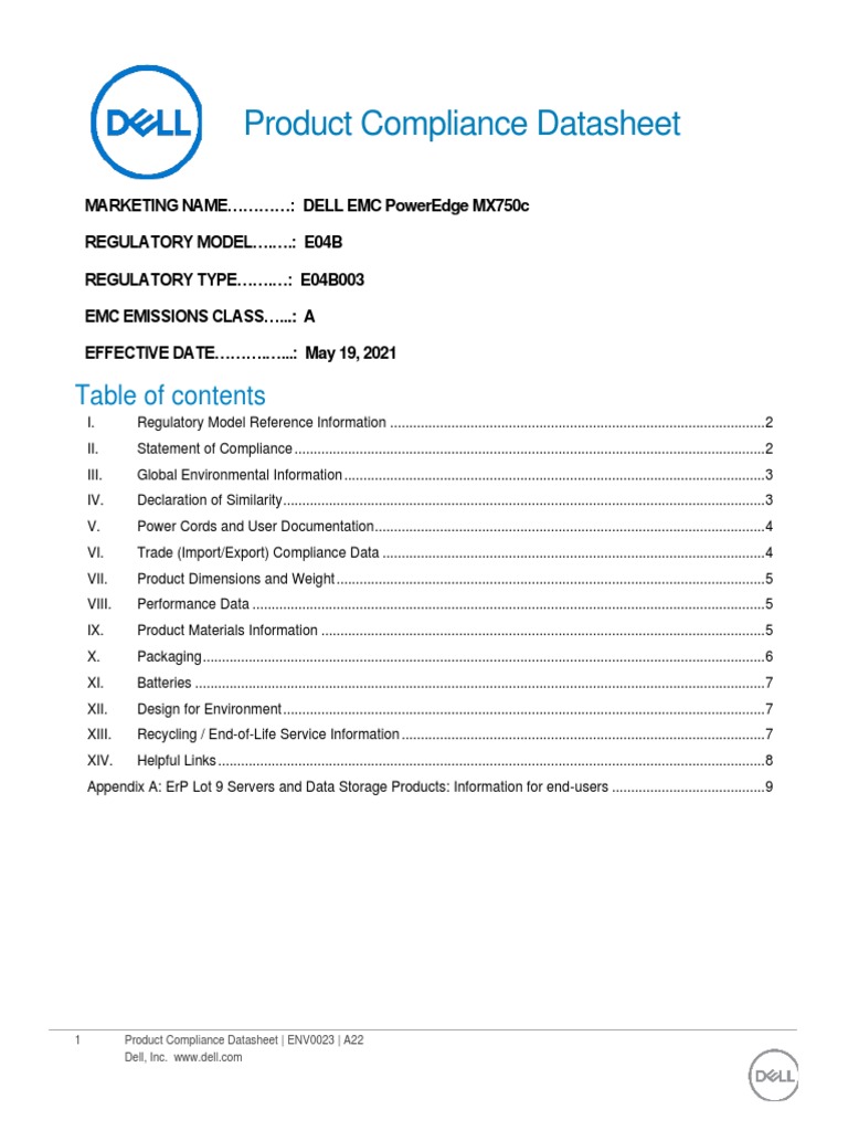 Dell Emc Poweredge Mx750c E04b E04b003 Dell Regulatory And Environmental Datasheet En Us Pdf 