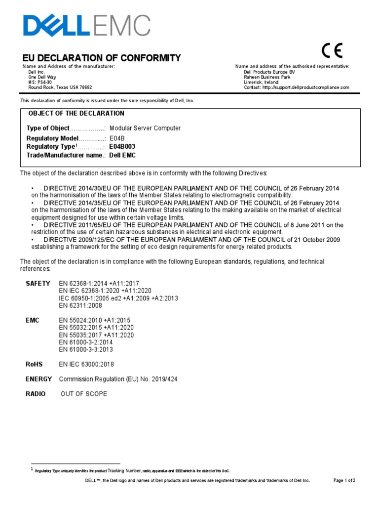 Dell Emc Poweredge Mx750c E04b E04b003 European Union - Declaration of ...