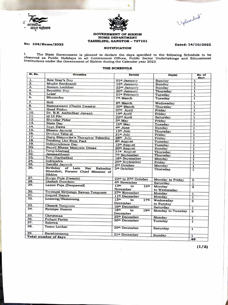 Calendar Year 2023 58 20221101 Sikkim PDF Public Holiday