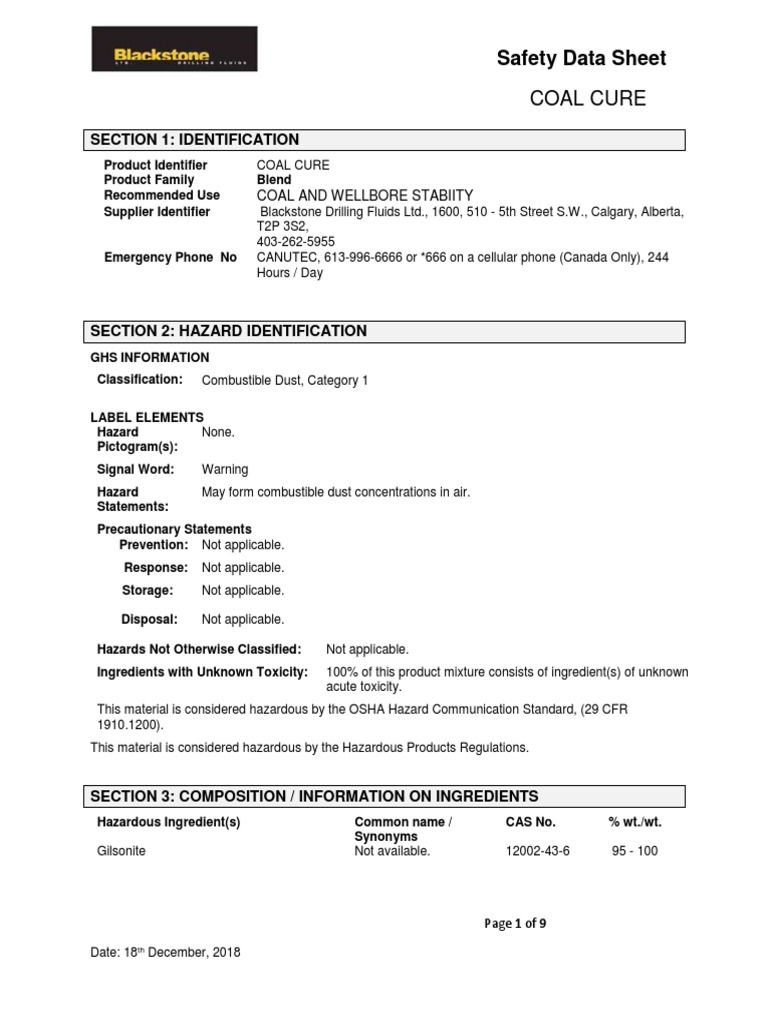 Coal Cure SDS | PDF | Personal Protective Equipment | Occupational ...