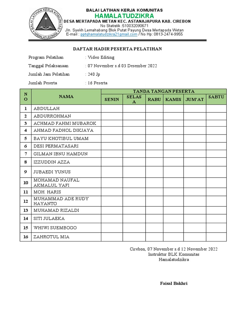Daftar Hadir Pelatihan | PDF