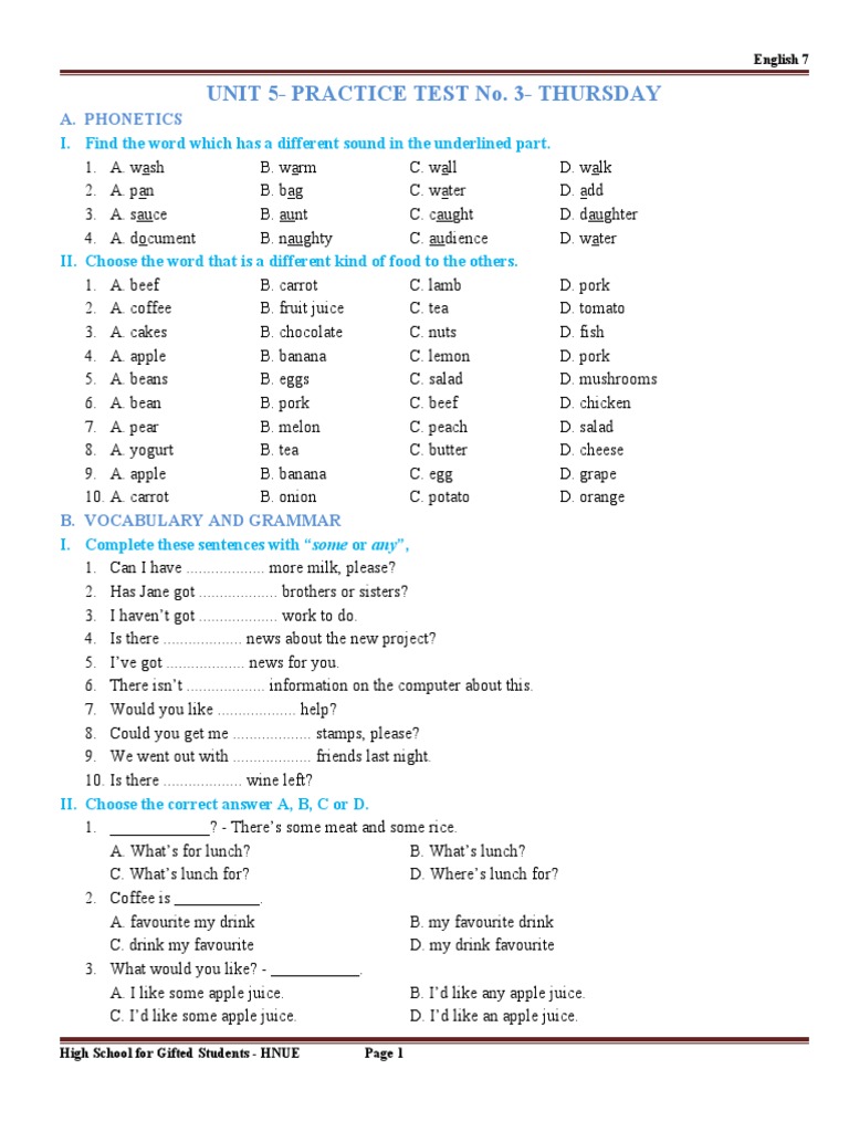 Unit 5- Practice test No. 3 | PDF | Lunch | Fishery