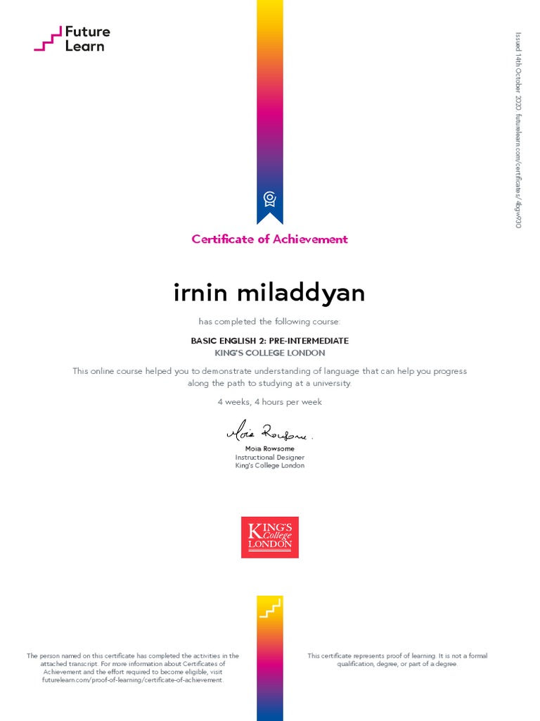 Basic-English-Pre-Intermediate Certificate of Achievement 4bgw930 | PDF | Educational Technology ...