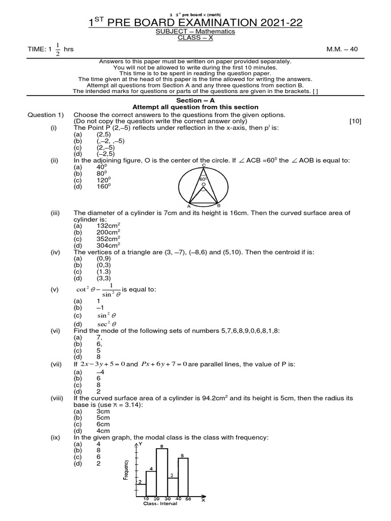 ICSE Pre Board Examinations (Class X) | PDF | Area | Circle