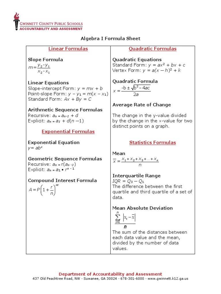 ACC Algebra I Formula Sheet 2022 | PDF