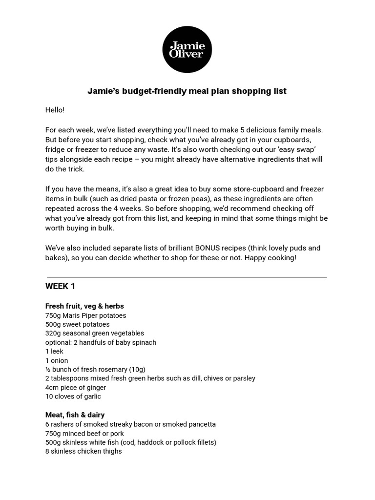 Jamie's Budget Meal Plan Shopping List | PDF | Vegetables | Bacon