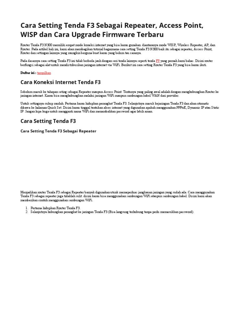 Cara Setting Tenda F3 Sebagai Repeater | PDF | Bisnis