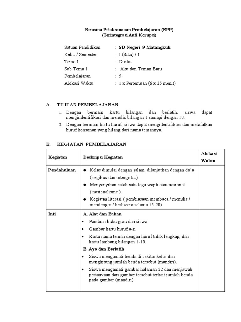 RPP Terintegrasi Anti Korupsi Kelas 1 | PDF