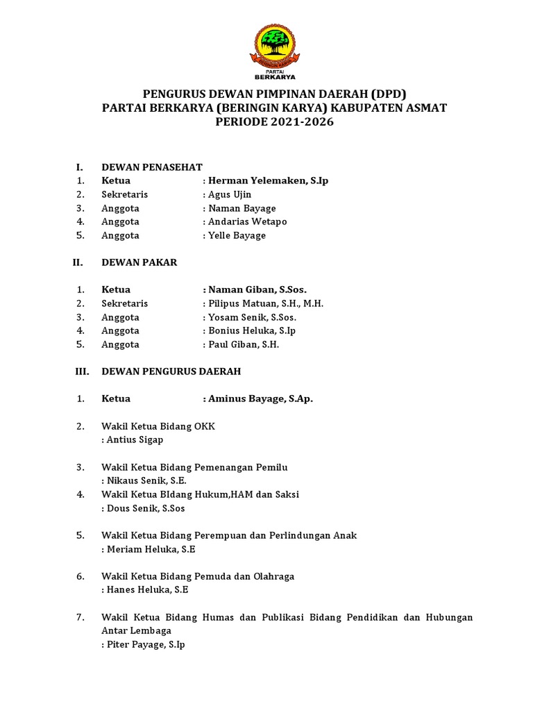 Struktur Pengurus DPD Partai Berkarya | PDF
