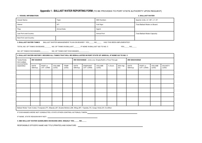 IMO Ballast Water Reporting Form | PDF