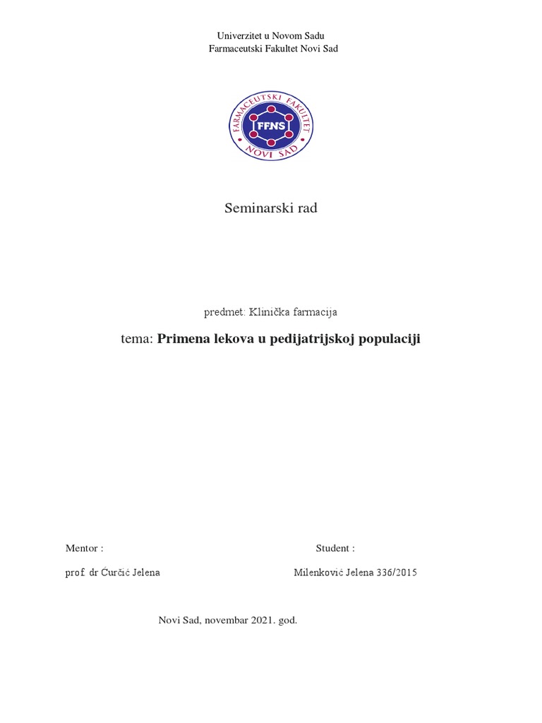Primena Lekova U Pedijatrijskoj Populaciji - Milenković Jelena-Pdf U ...