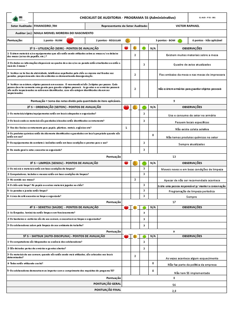 CheckList de Auditoria Do 5S - Administrativo - Planilhas Google | PDF