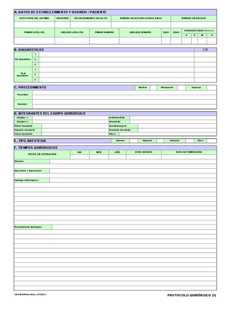 Nuevo Formulario 017 Protocolo Quirúrgico 2021 | PDF | Cirugía ...