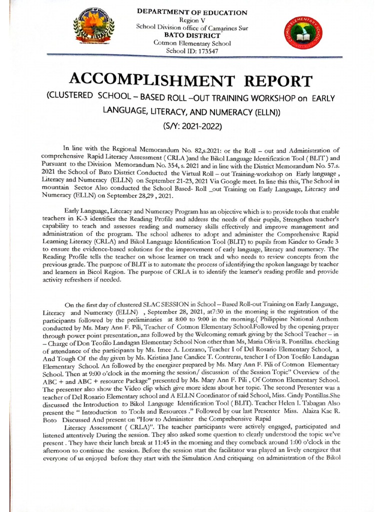 Accomplishment Report (Ellnp) Roll - Out Training | PDF