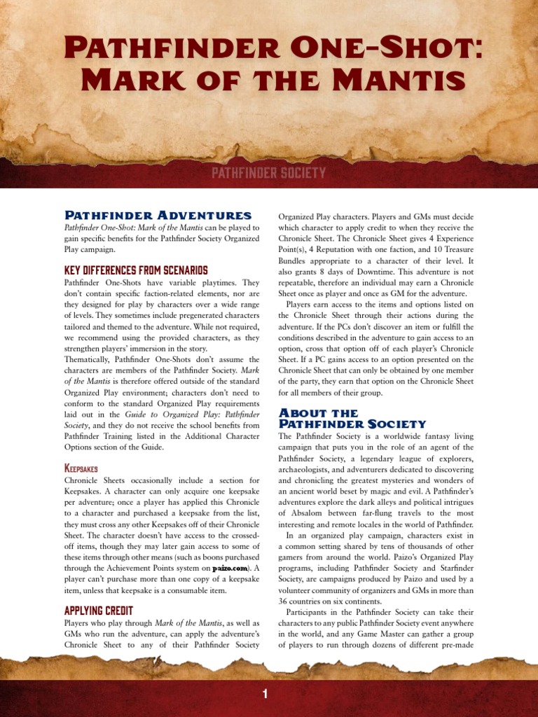 Mark of The Mantis - Chronicle Sheet | PDF