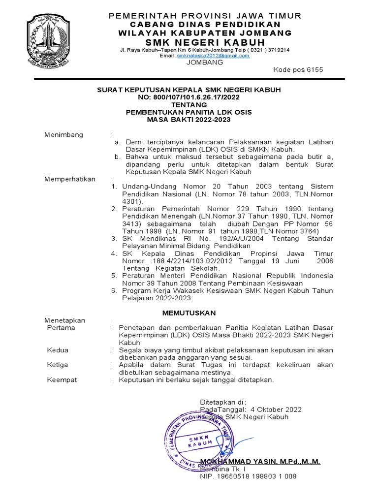 Panitia Ldk Osis Smk Negeri Kabuh 2022 2023 Pdf