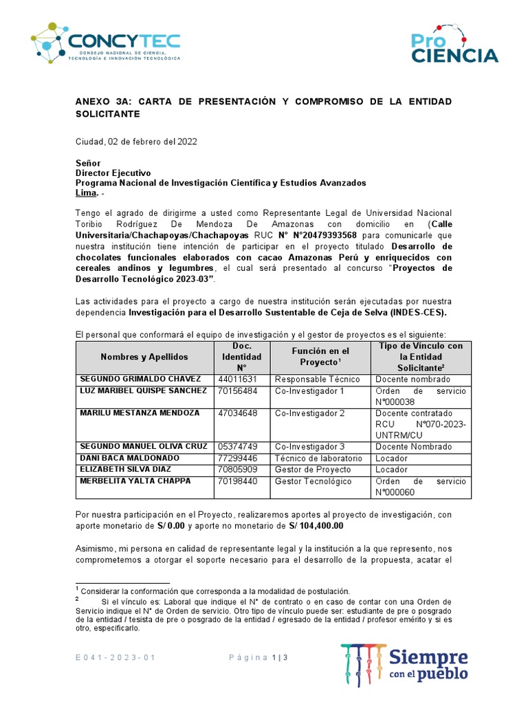 Anexo 3A: Carta de Presentación Y Compromiso de La Entidad Solicitante ...