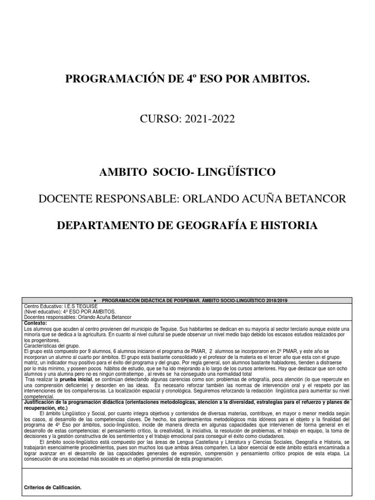 Programacioon de 4o Eso Por Ambitos Pospmar2021 2022 | PDF | Adverbio | Evaluación