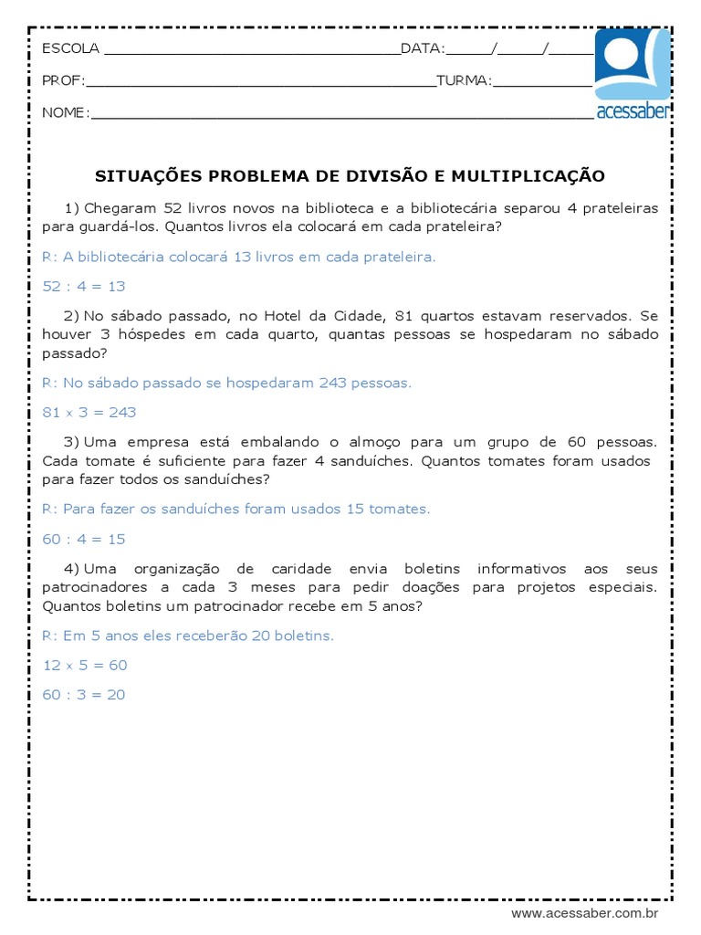 Atividade de Matematica Situacoes Problema de Divisao e Multiplicacao 4 Ano e 5 Ano Respostas | PDF