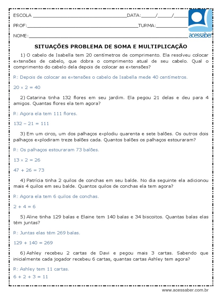Atividade de Matematica Problemas de Soma e Multiplicacao 3 Ano e 4 Ano 1 Respostas | PDF
