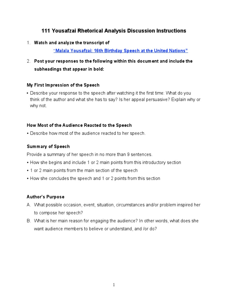 111 Yousafzai Rhetorical Analysis Discussion Instructions | PDF ...