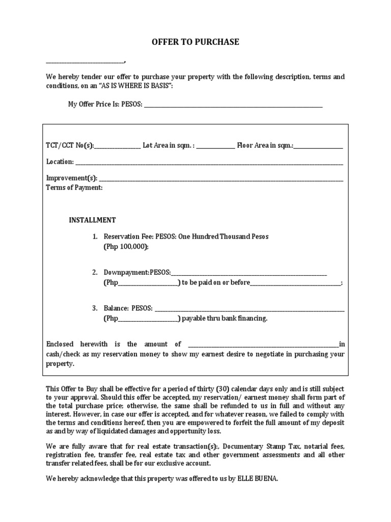 Property Purchase Offer Form | PDF | Fee | Money
