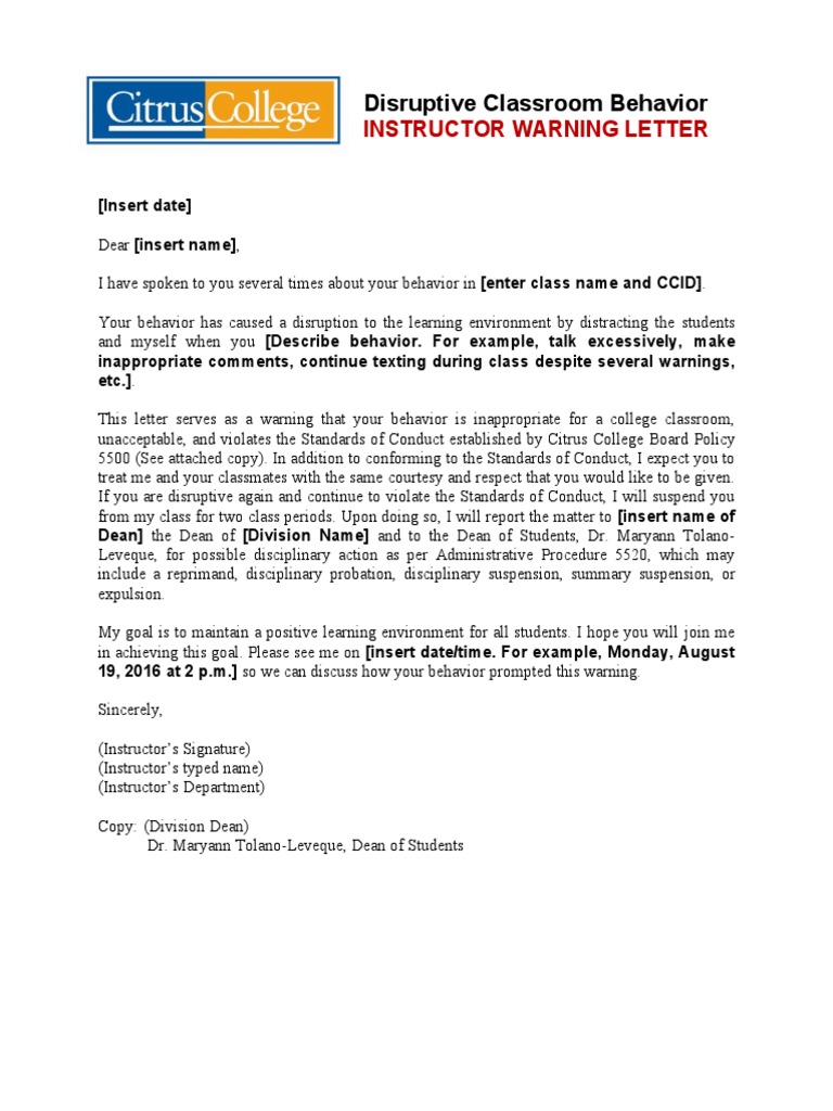 Student Conduct Warning Letter | PDF