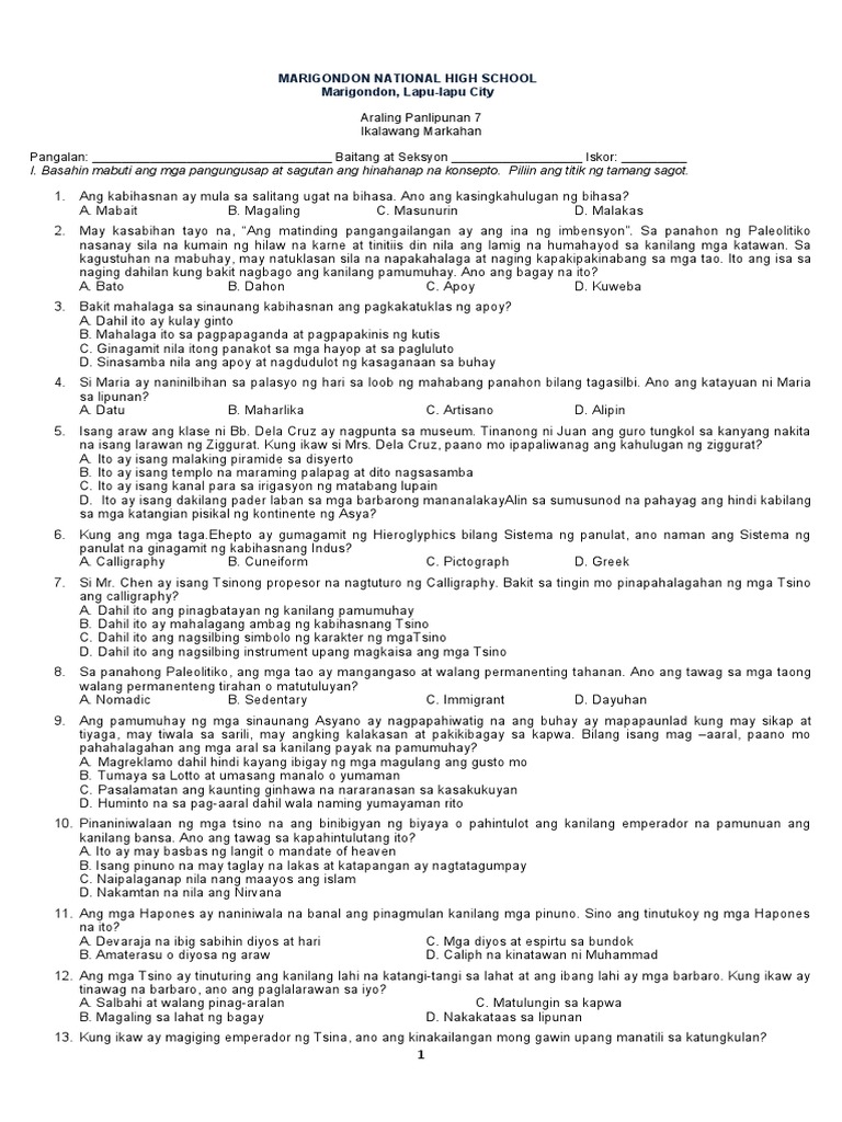 ARALING PANLIPUNAN 7-Periodical-Test-Q2 | PDF ARALING PANLIPUNAN 7-Periodical-Test-Q2 | PDF