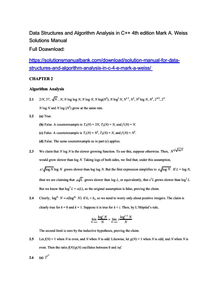 Data Structures And Algorithm Analysis In C 4th Edition Mark A Pdf Time Complexity Logarithm