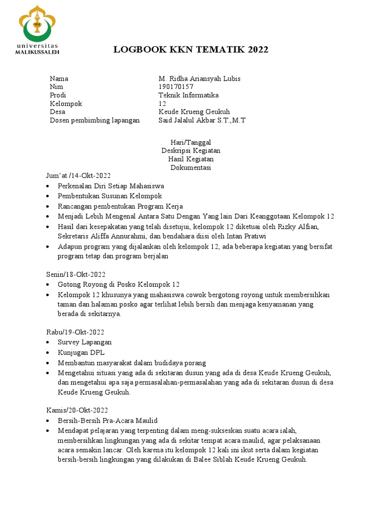 Logbook KKN Tematik 2022-2023 Sabani Abadi | PDF | Seni