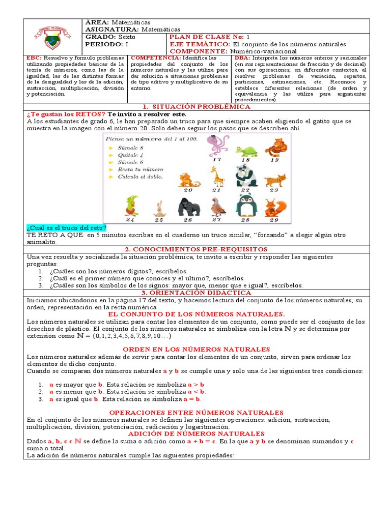 Plan de Clases 1 Números Naturales. | PDF | Número natural | Números