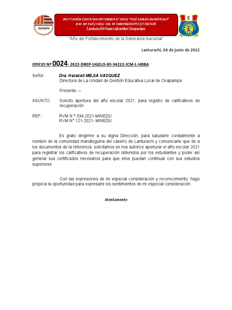 Oficio #024-Solicita Apertura Del Año Escolar 2022 | PDF