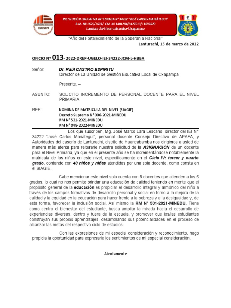 Oficio #013-014-2022-Peticion de Incremento de Personal Docente | PDF | Maestros