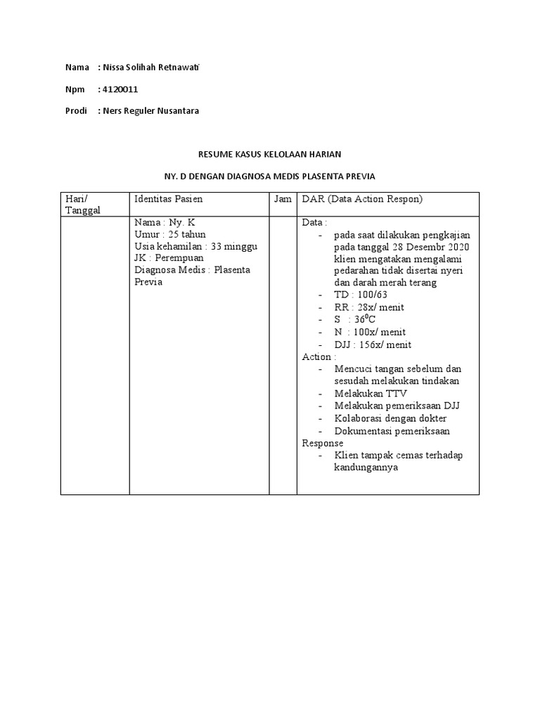 Resume DAR Maternitas Plasenta Previa | PDF