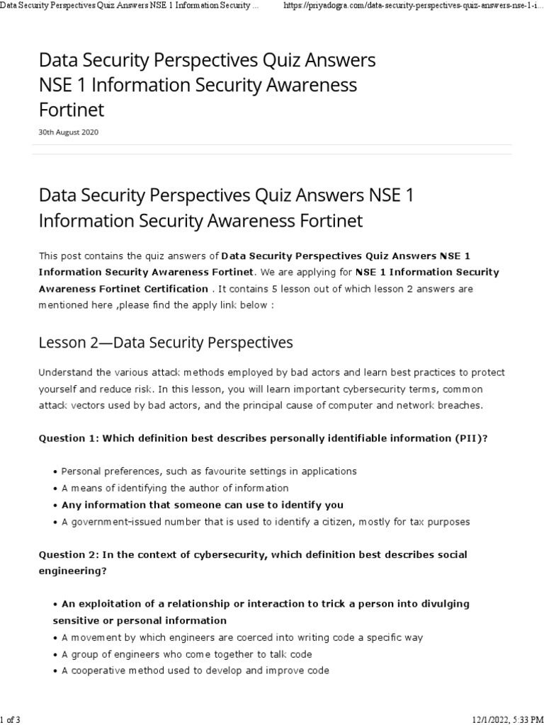 Data Security Perspectives Quiz Answers NSE 1 Information Security ...