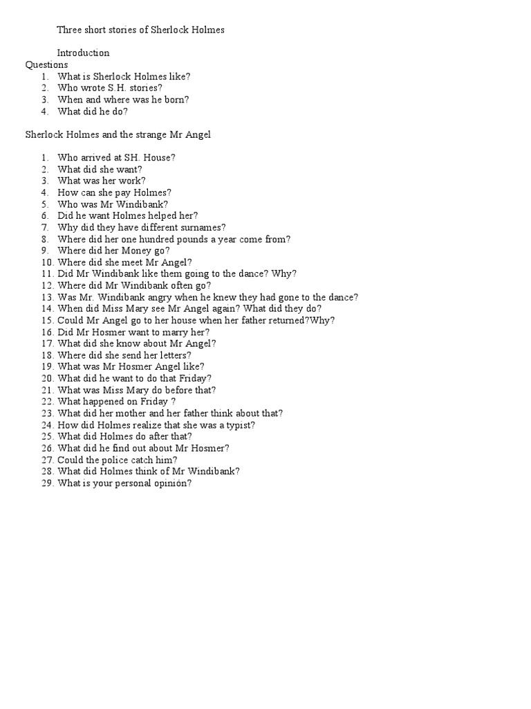 Three Short Stories of Sherlock Holmes QUESTIONS VER | PDF