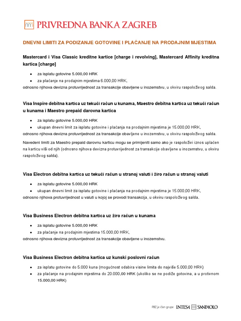 Dnevni Limiti Za Podizanje Gotovine I Placanje Na Prodajnim Mjestima 4 | PDF